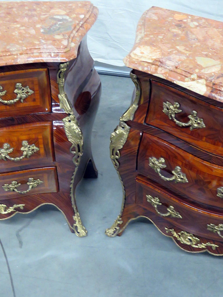 Pair of Empire Style Marble Top Bombe End Tables For Sale at 1stDibs
