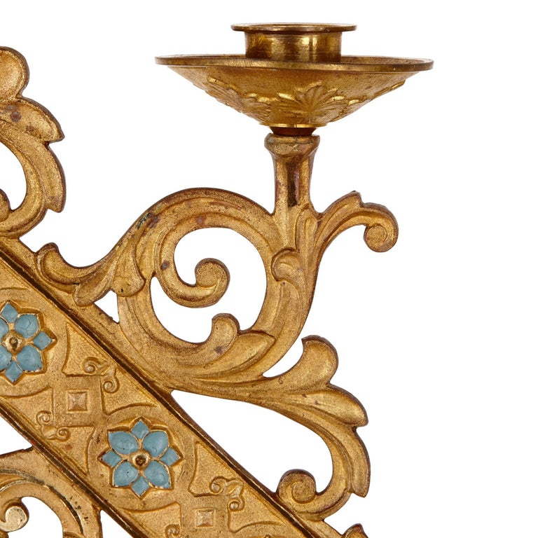 Pair of Enamel and Gilt Bronze Altar Candlesticks For Sale at 1stDibs