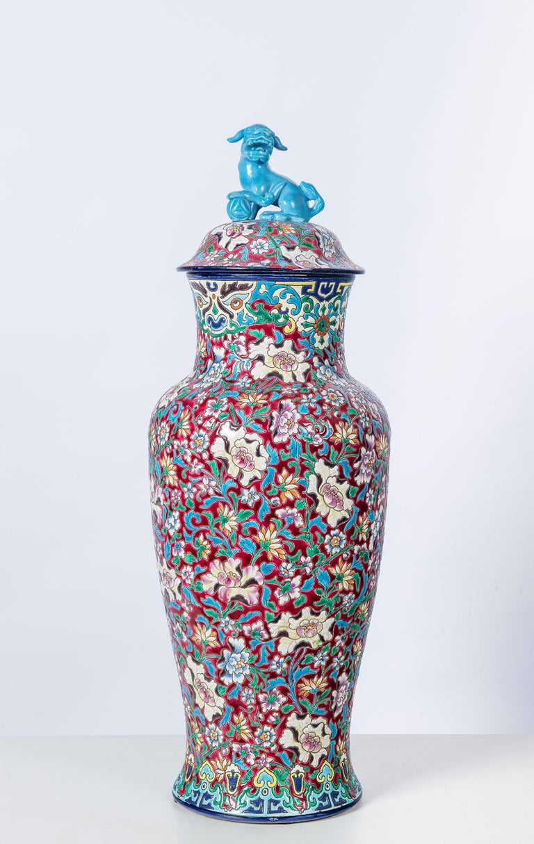 Pair of Enamel Ceramic Vases by Longwy, France, circa 1840 at 1stDibs