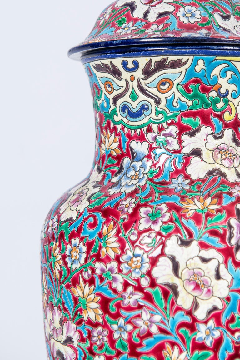 Pair of Enamel Ceramic Vases by Longwy, France, circa 1840 at 1stDibs