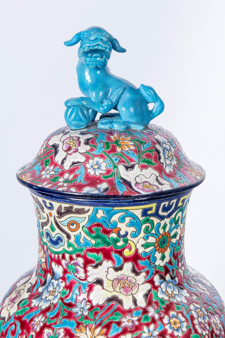 Pair of Enamel Ceramic Vases by Longwy, France, circa 1840 at 1stDibs