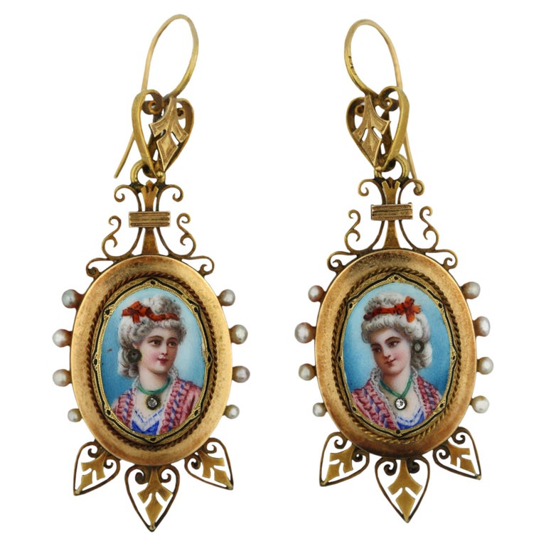 Pair of Enamel Pendent Earrings For Sale at 1stDibs