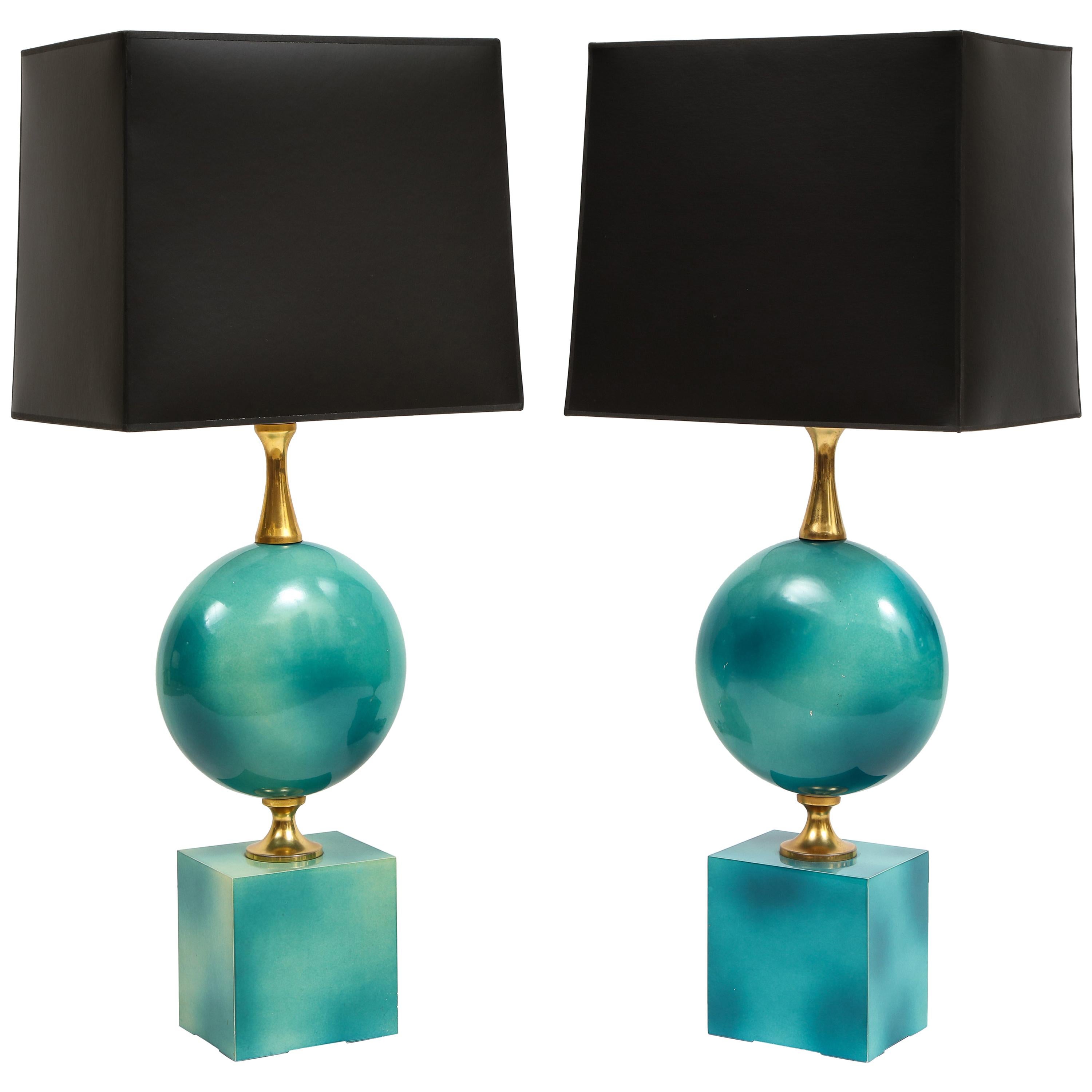 Pair of Travertine and Nickel Table Lamps Attributed to Maison Barbier ...