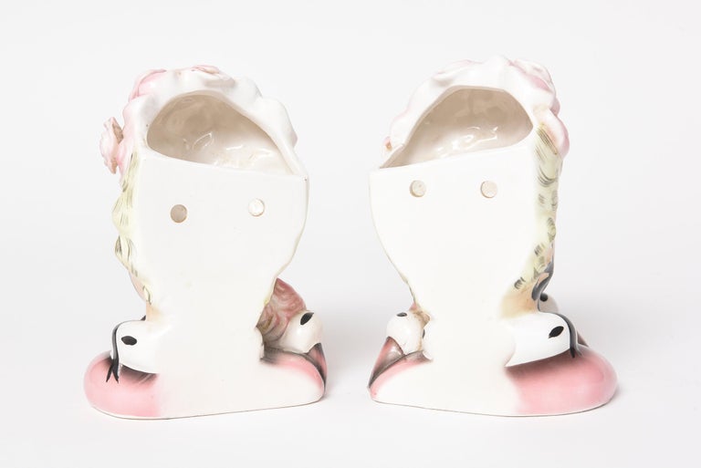 Pair of Enesco Twin Pink Lady Head Vases Wall Pockets Pink Rose Muff ...