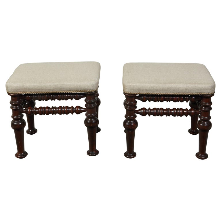 Pair of English 1880s Walnut Stools with Turned Legs and New Upholstery ...