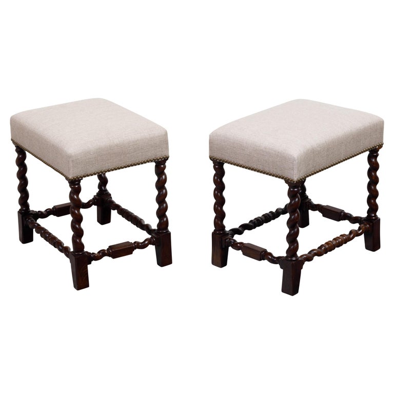 Pair of English 1900s Barley Twist Oak Stools with Upholstered Seats at ...