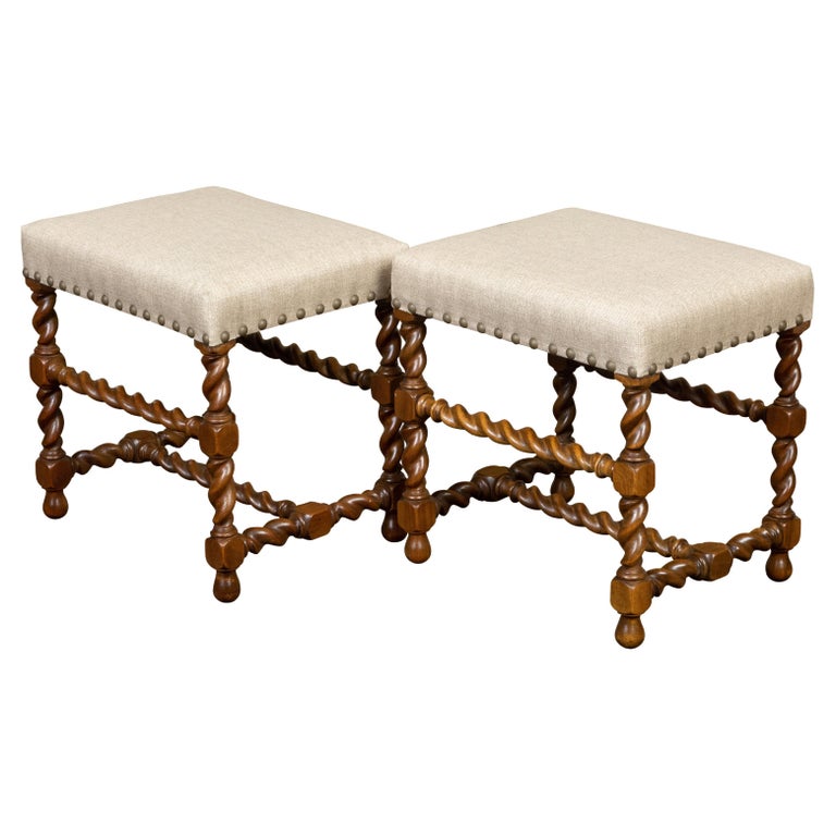 Pair of English 1920s Barley Twist Oak Stools with Linen Upholstery and ...