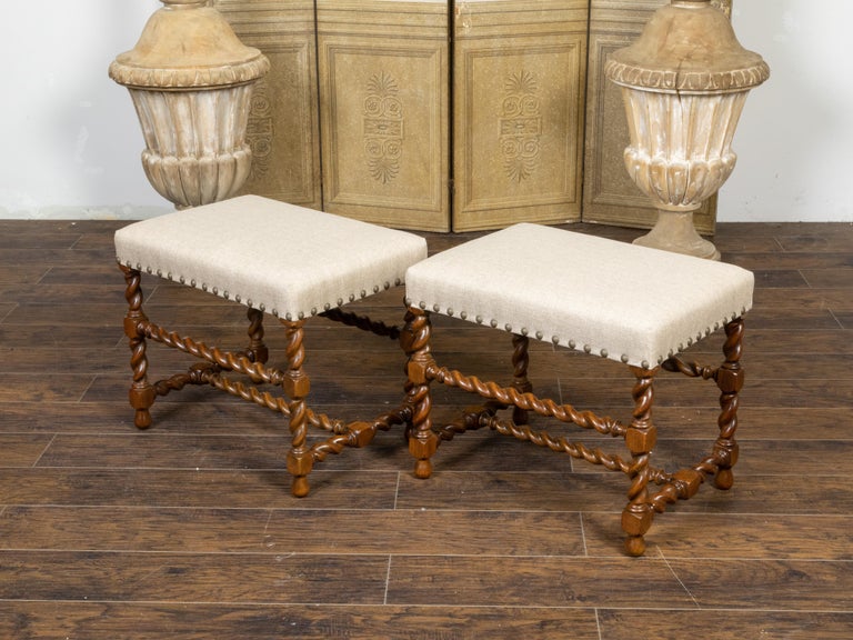 Pair of English 1920s Oak Barley Twist Stools with New Linen Upholstery ...