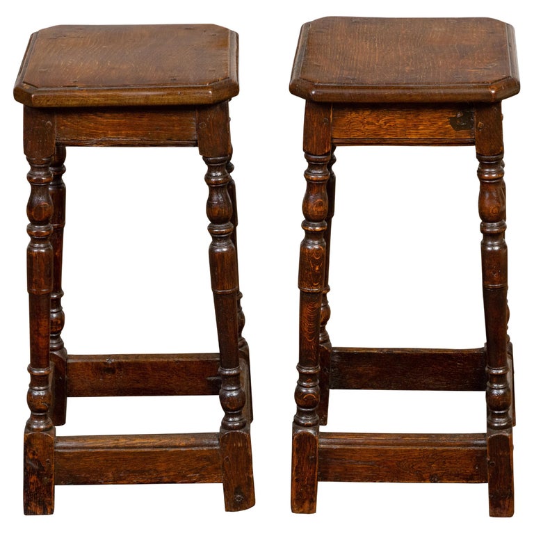 Pair of English 19th Century Oak Joint Stools with Turned Legs and ...