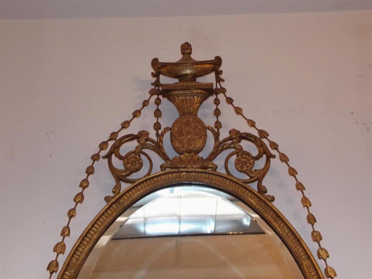 Pair of English Adam Oval Urn and Bell Flower Mirrors with Beveled ...