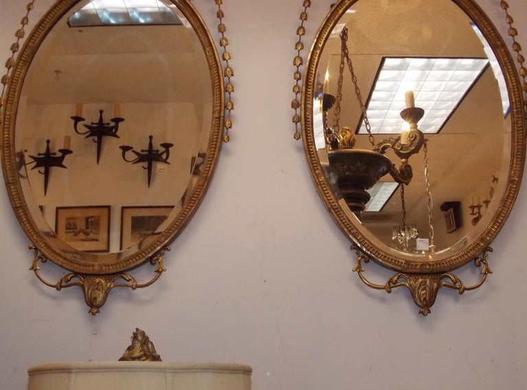 Pair of English Adam Oval Urn and Bell Flower Mirrors with Beveled ...