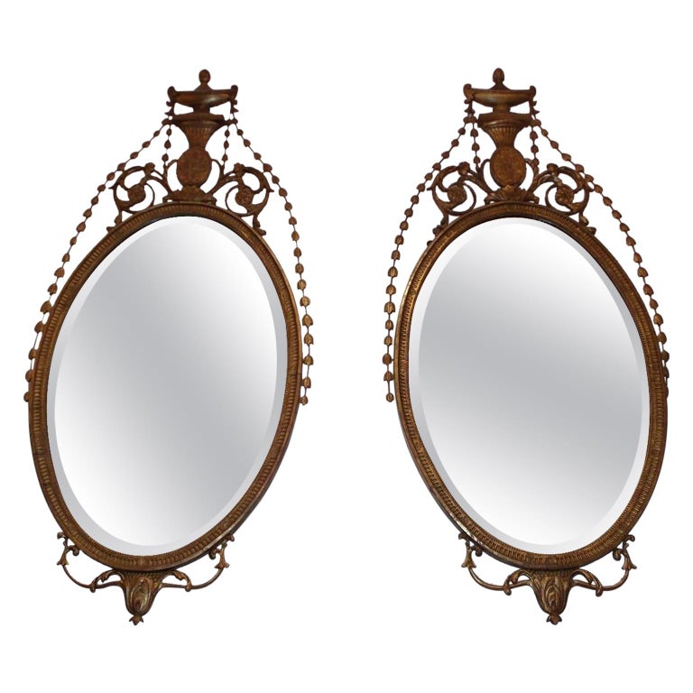 Pair of English Adam Oval Urn and Bell Flower Mirrors with Beveled ...