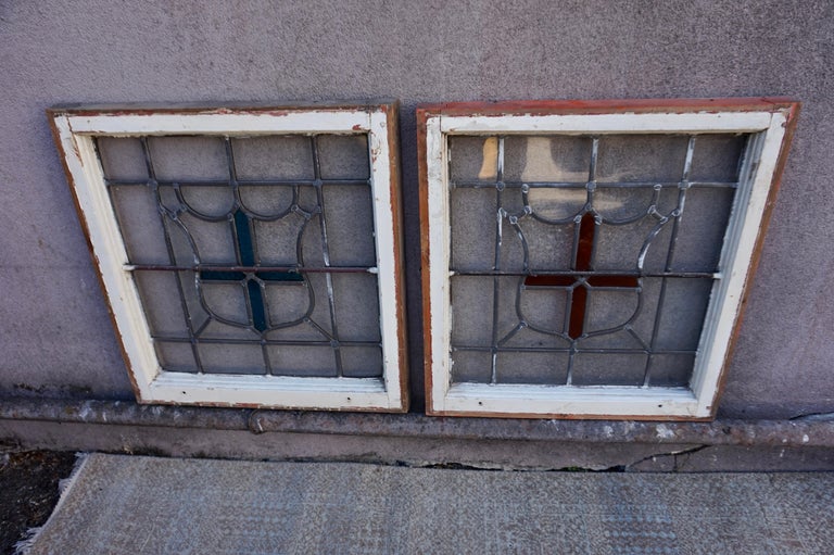 Pair of English Arts and Crafts Stain Glass Windows with Crest Shields ...