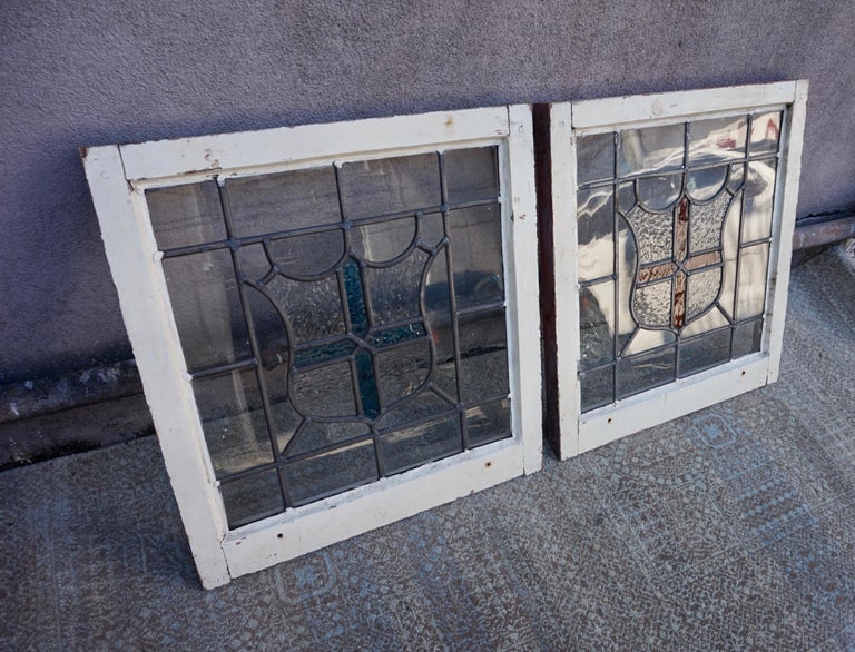Pair of English Arts and Crafts Stain Glass Windows with Crest Shields ...