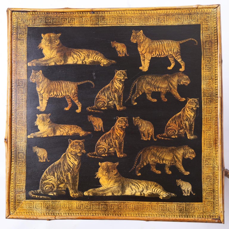 Pair of English Bamboo Tiger Decoupage Stands or Tables For Sale at 1stDibs