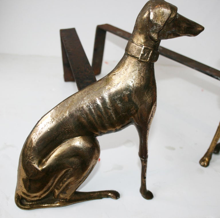 English brass andirons shaped greyhound dog 20th Century at 1stDibs