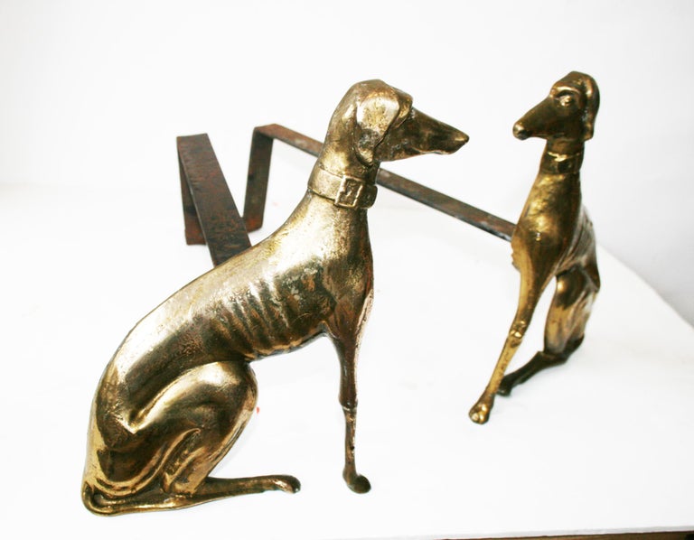 English brass andirons shaped greyhound dog 20th Century at 1stDibs