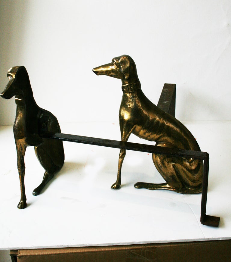 English brass andirons shaped greyhound dog 20th Century at 1stDibs