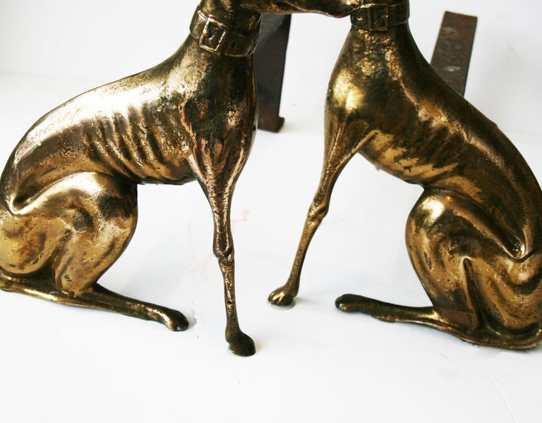 English brass andirons shaped greyhound dog 20th Century at 1stDibs