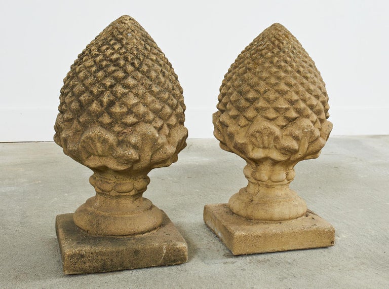 Pair of English Cast Stone Garden Pinecone Finials For Sale at 1stDibs
