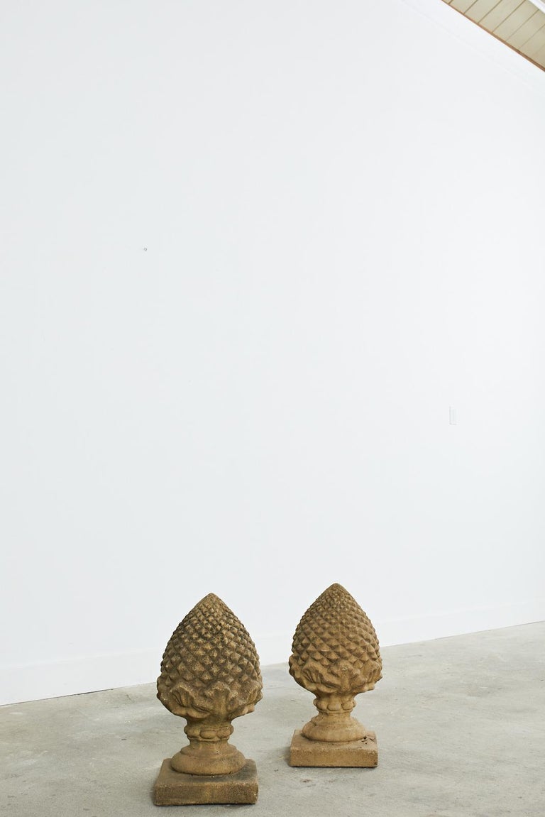 Pair of English Cast Stone Garden Pinecone Finials For Sale at 1stDibs