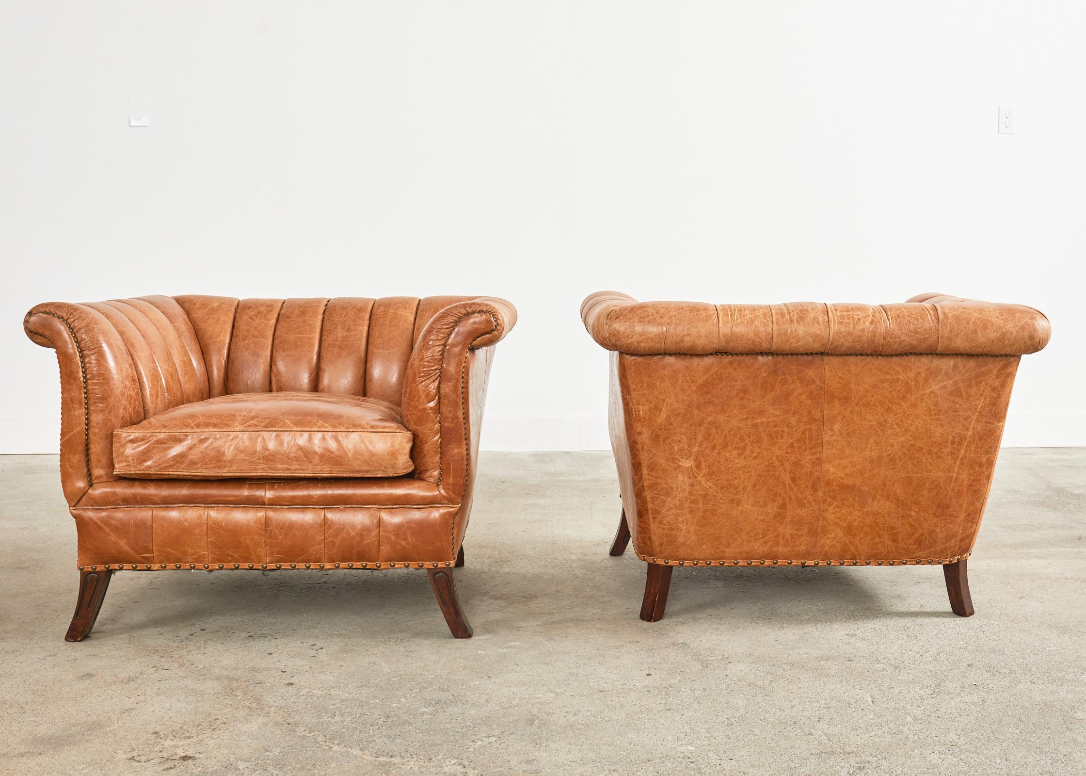 Pair of English Cigar Leather Channel Back Lounge Club Chairs at 1stDibs