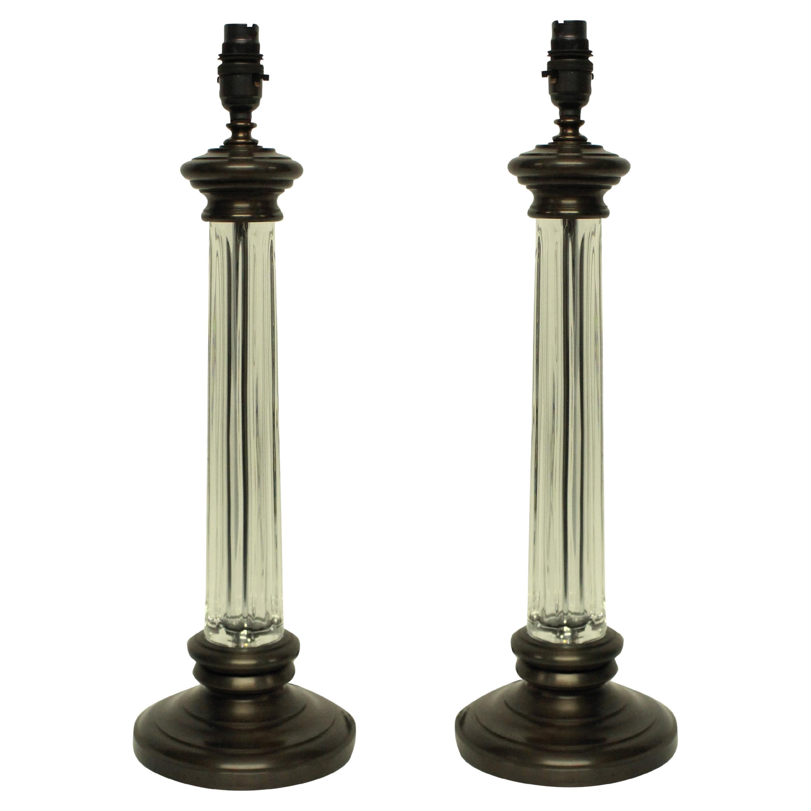 Pair of English Silver and Cut-Glass Column Lamps For Sale at 1stDibs