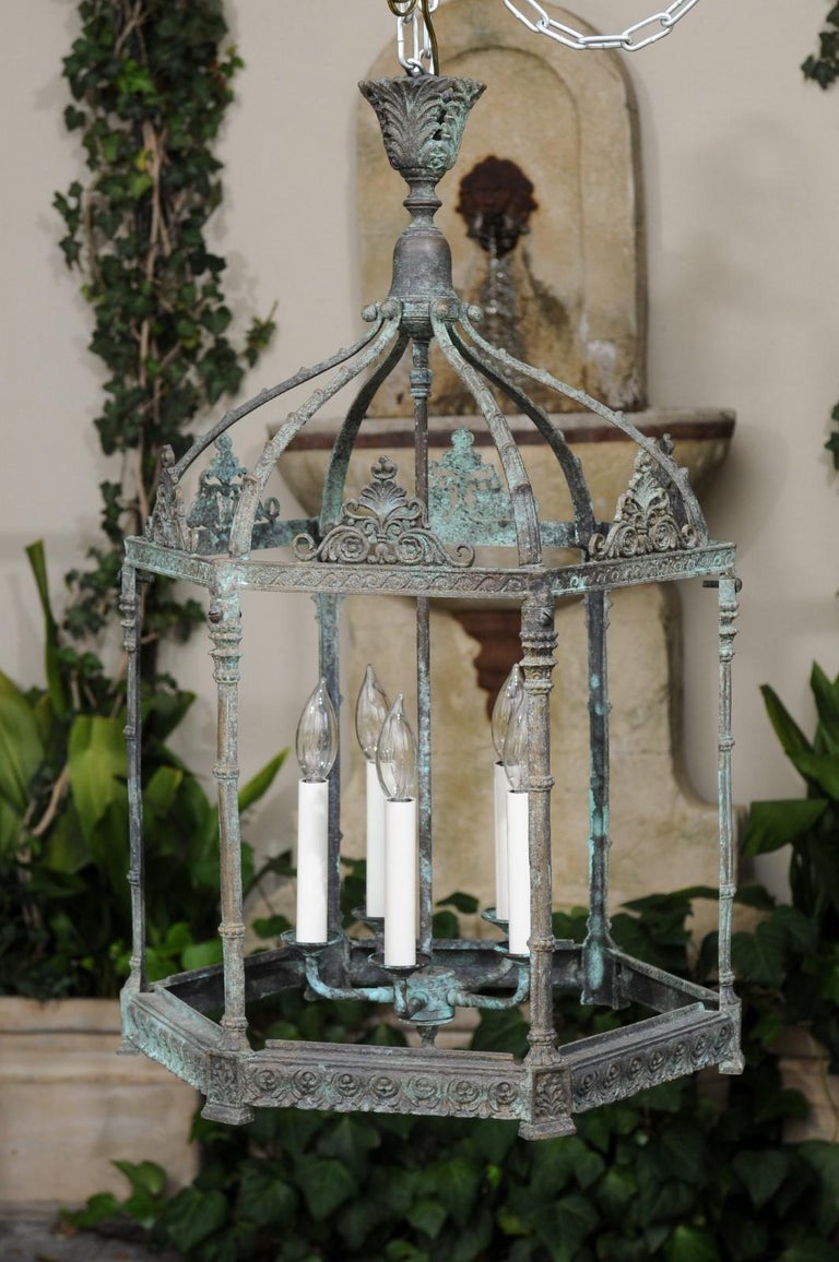 Pair of English Edwardian 1900s Five-Light Bronze Lanterns with ...