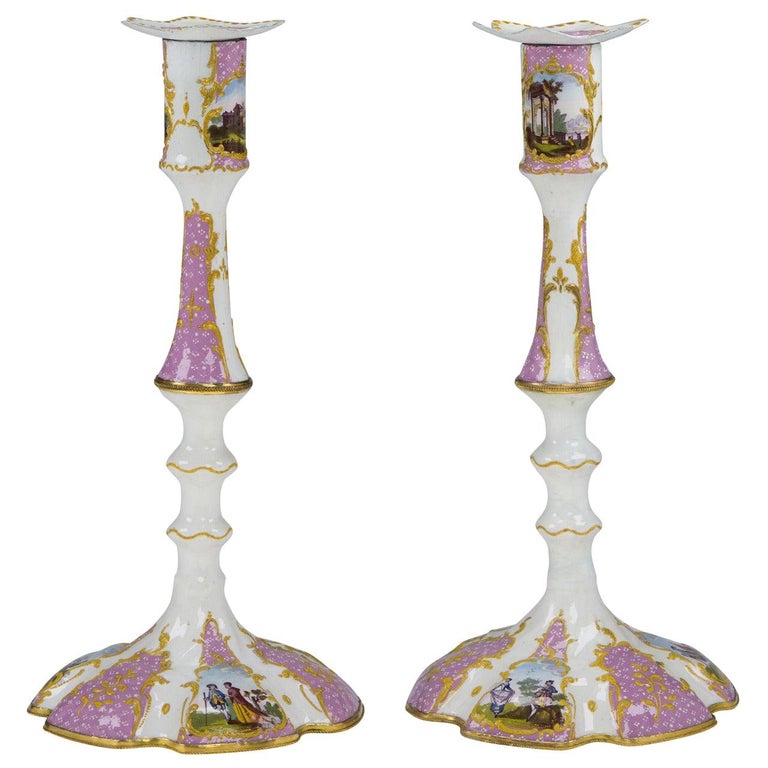Pair of English Enamel Candlesticks with Rococo Scenes on Pink Ground ...