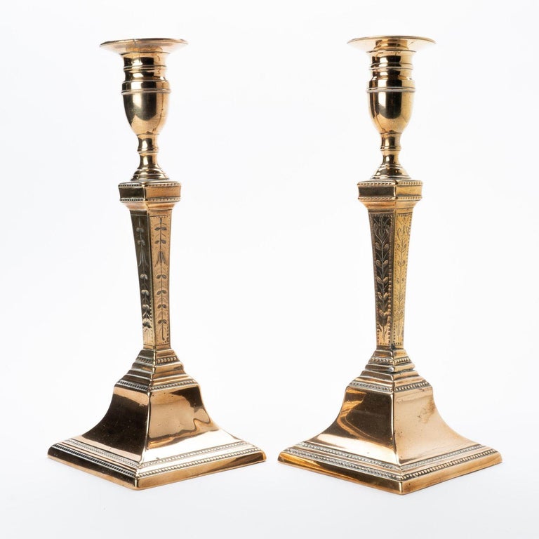Pair of English Engraved Bell Metal Candlesticks, 1790 at 1stDibs
