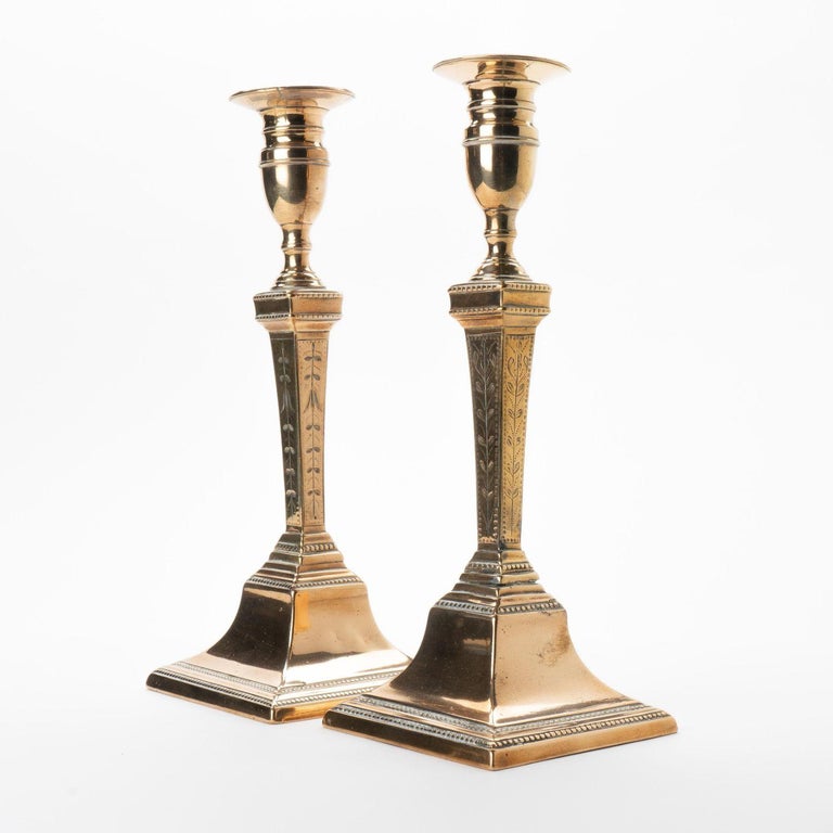 Pair of English Engraved Bell Metal Candlesticks, 1790 at 1stDibs