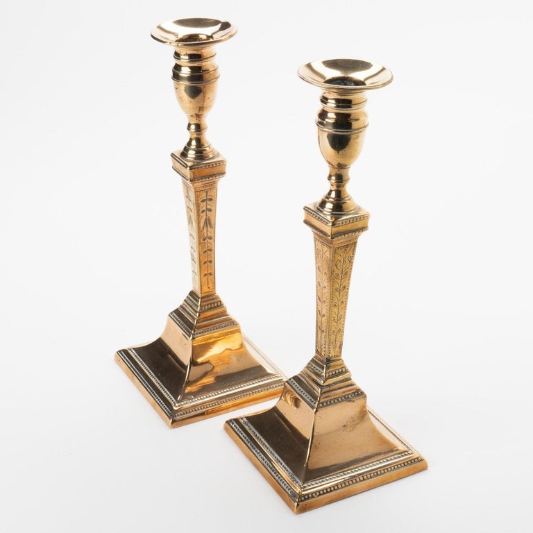 Pair of English Engraved Bell Metal Candlesticks, 1790 For Sale at 1stDibs