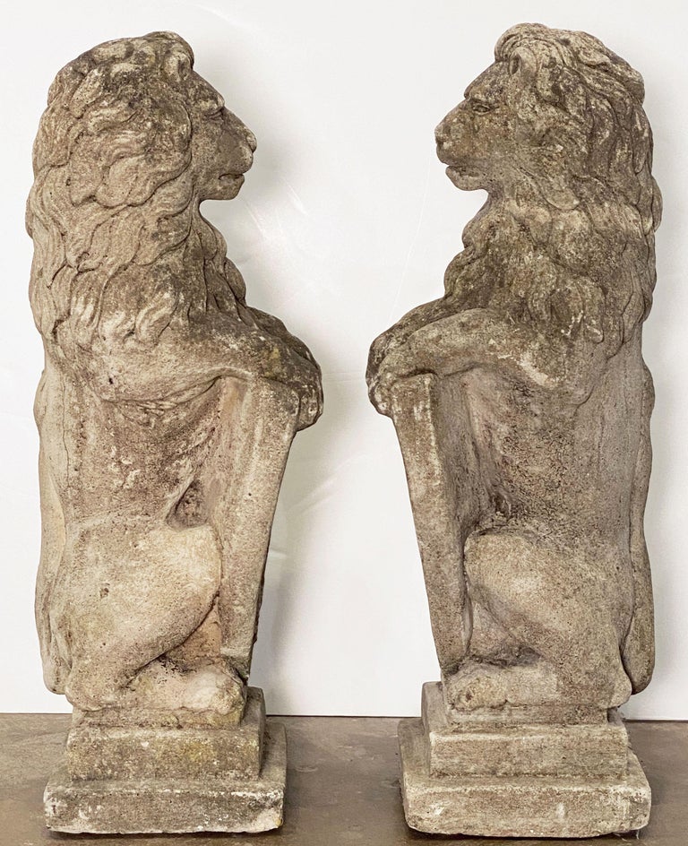 Pair of English Garden Stone Standing Lion Statues with Heraldic ...