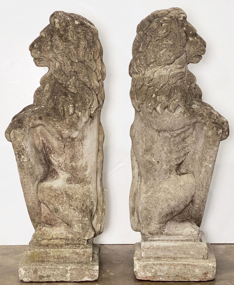 Pair of English Garden Stone Standing Lion Statues with Heraldic ...