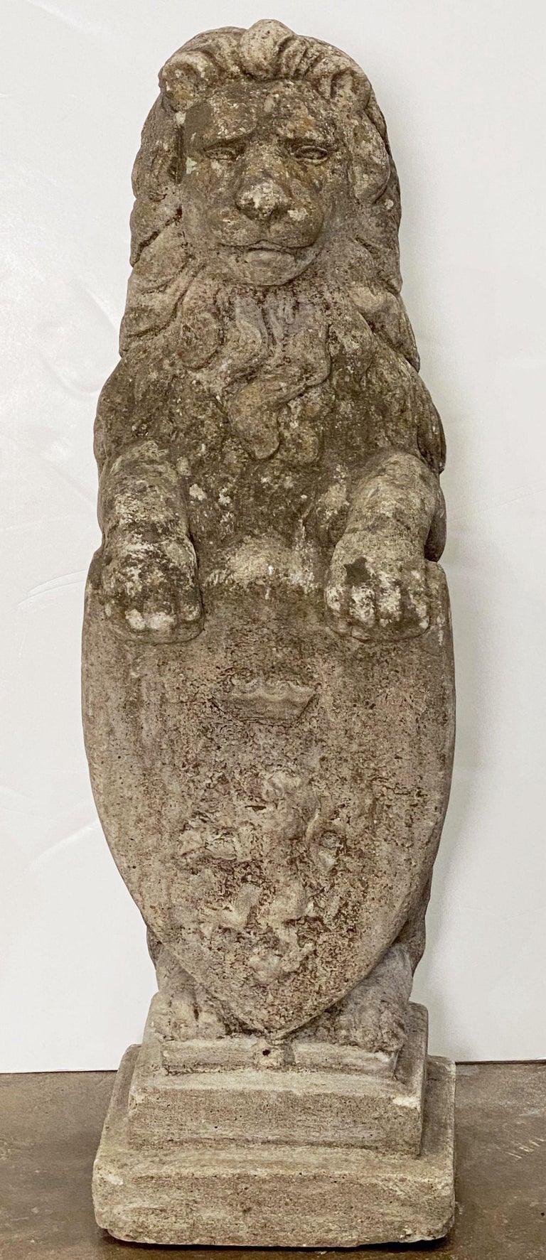 Pair of English Garden Stone Standing Lion Statues with Heraldic ...