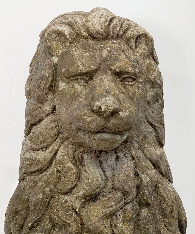 Pair of English Garden Stone Standing Lion Statues with Heraldic ...