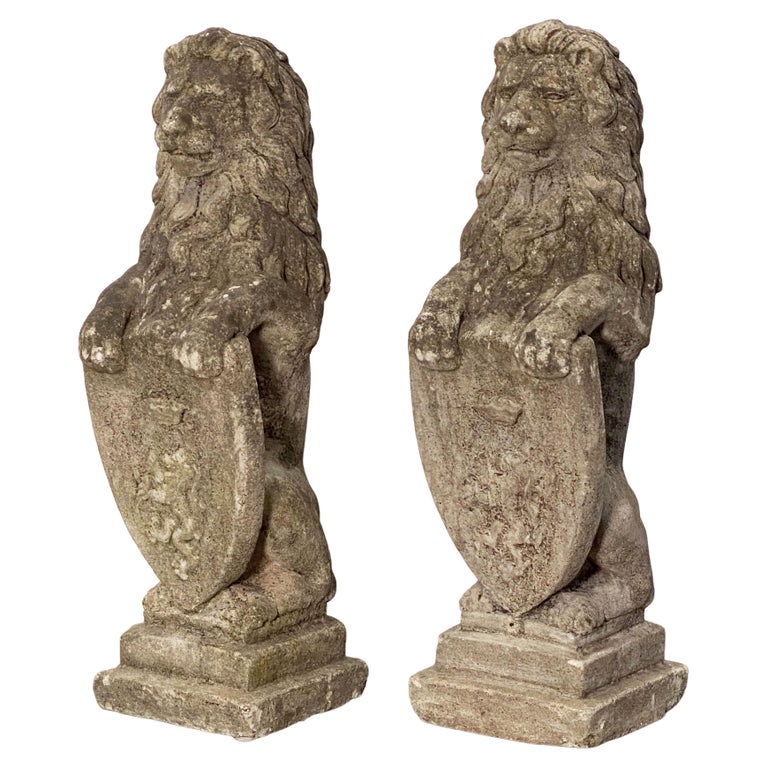 Pair of English Garden Stone Standing Lion Statues with Heraldic ...