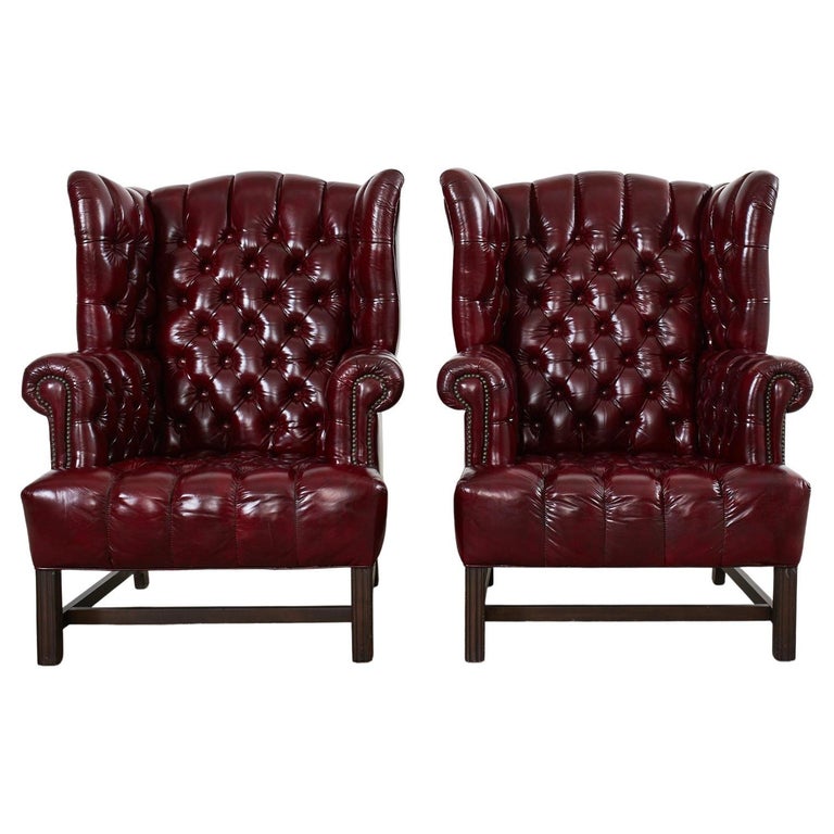 Pair of English Georgian Style Bonded Leather Tufted Wingback Chairs ...