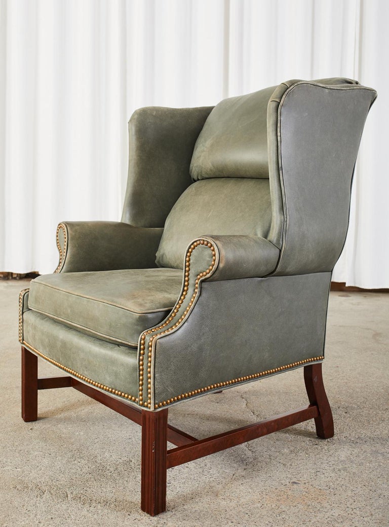 Pair of English Georgian Style Mahogany Leather Wingback Chairs For ...