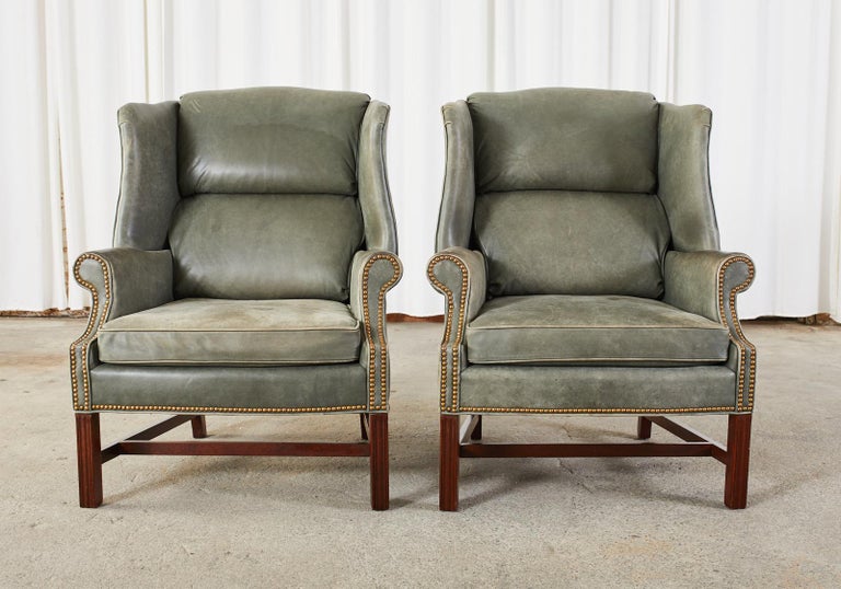 Pair of English Georgian Style Mahogany Leather Wingback Chairs For ...