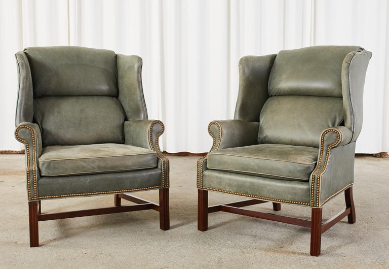 Pair of English Georgian Style Mahogany Leather Wingback Chairs For ...