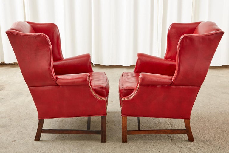 Pair of English Georgian Style Ruby Red Leather Wingback Chairs For ...