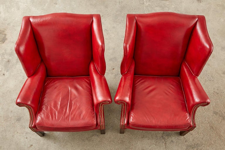 Pair of English Georgian Style Ruby Red Leather Wingback Chairs For ...