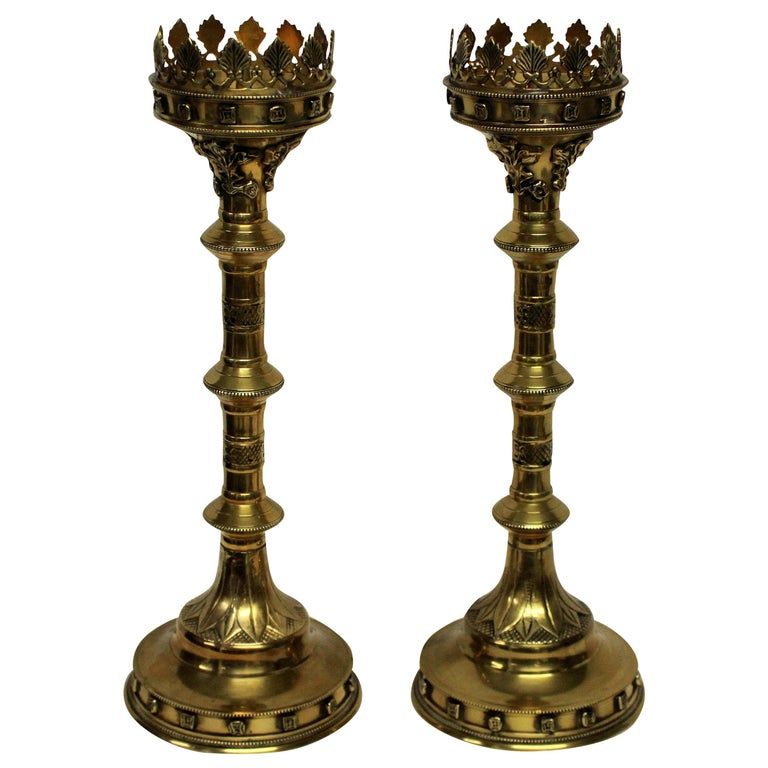 Pair of English Gothic Revival Gilt Brass Candlesticks For Sale at 1stDibs