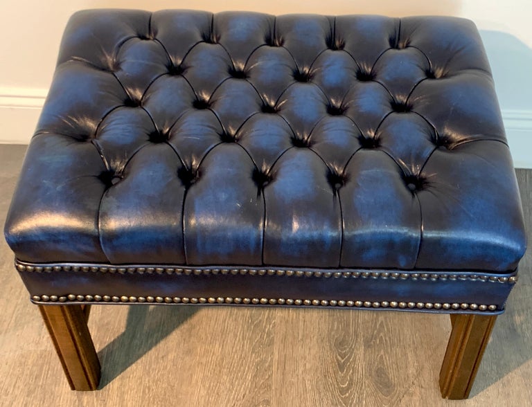 Pair of English Hollywood Regency Blue Leather Chesterfield Benches ...