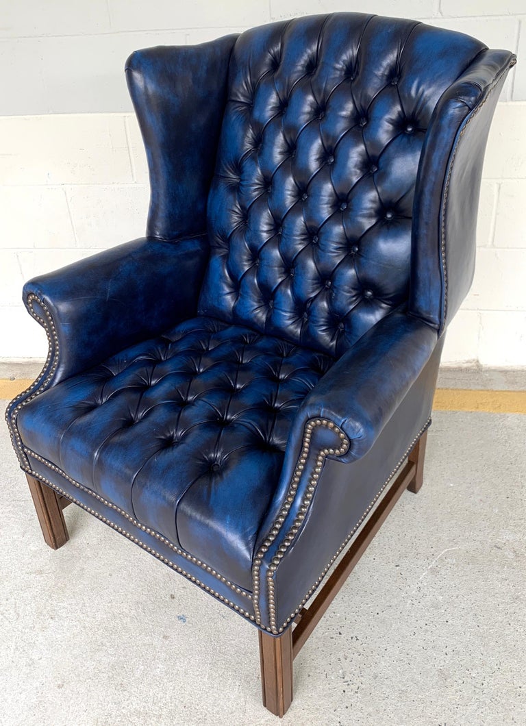 Pair of English Hollywood Regency blue leather Wing Back Chesterfield ...