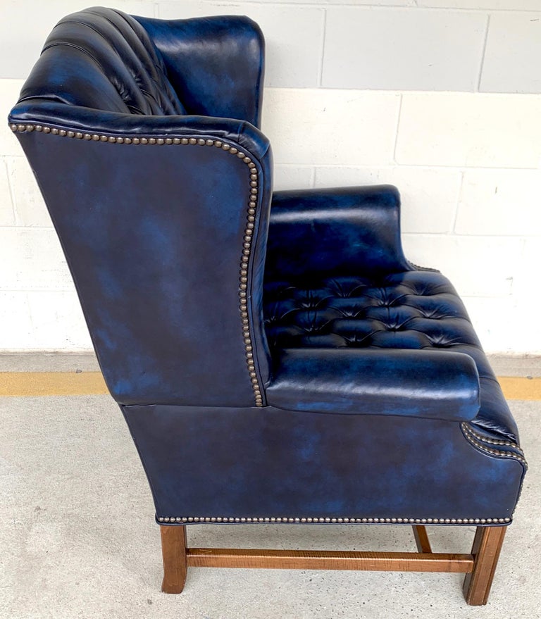 Pair of English Hollywood Regency blue leather Wing Back Chesterfield ...