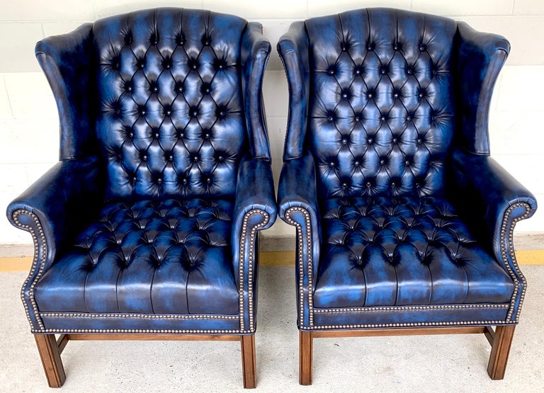 Pair of English Hollywood Regency blue leather Wing Back Chesterfield ...