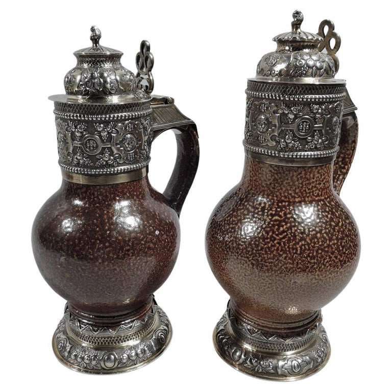 Pair of English Jacobean Revival Silver Gilt and Pottery Flagons For ...