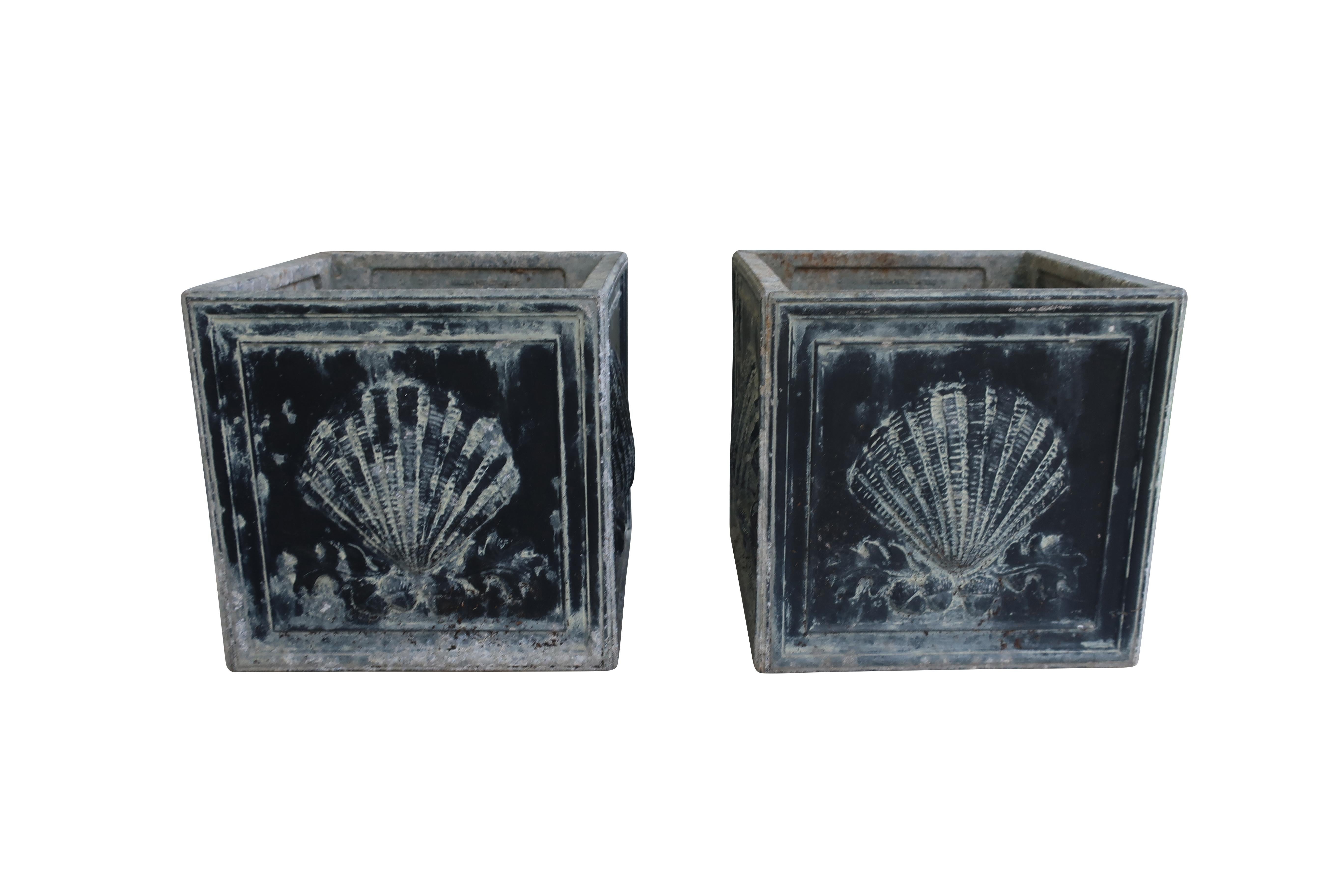 Pair of English Lead Planters with Scallop Shell Motif, Square at 1stDibs